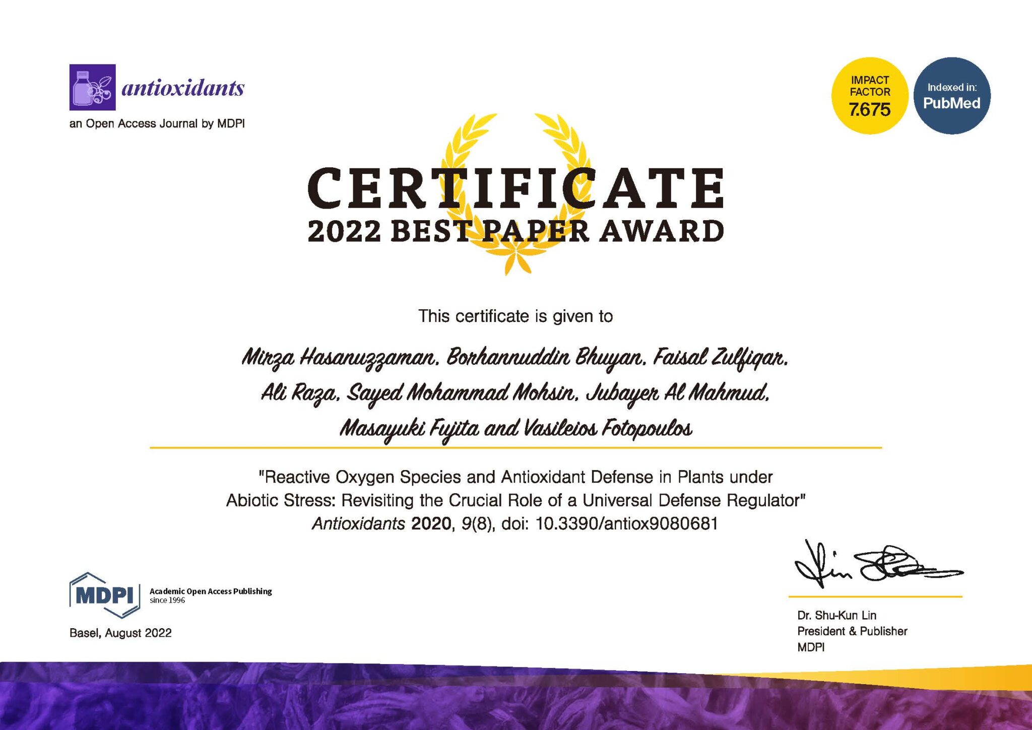 藤田政之名誉教授が【Antioxidants 2022 Best Paper Award】を受賞 | 香川大学農学部